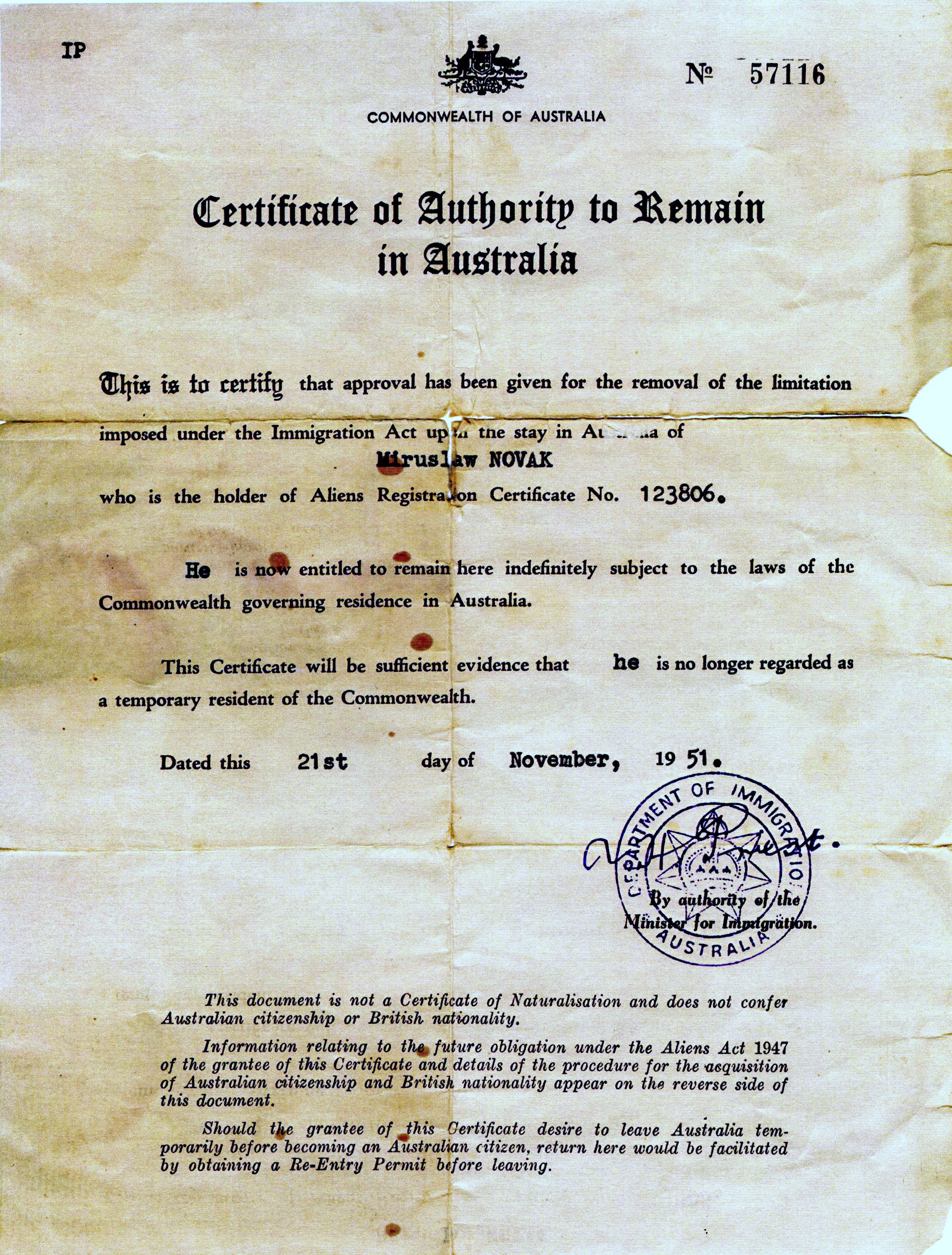Certificate of Authority to Remain in Australia Miroslav Novak | The ...